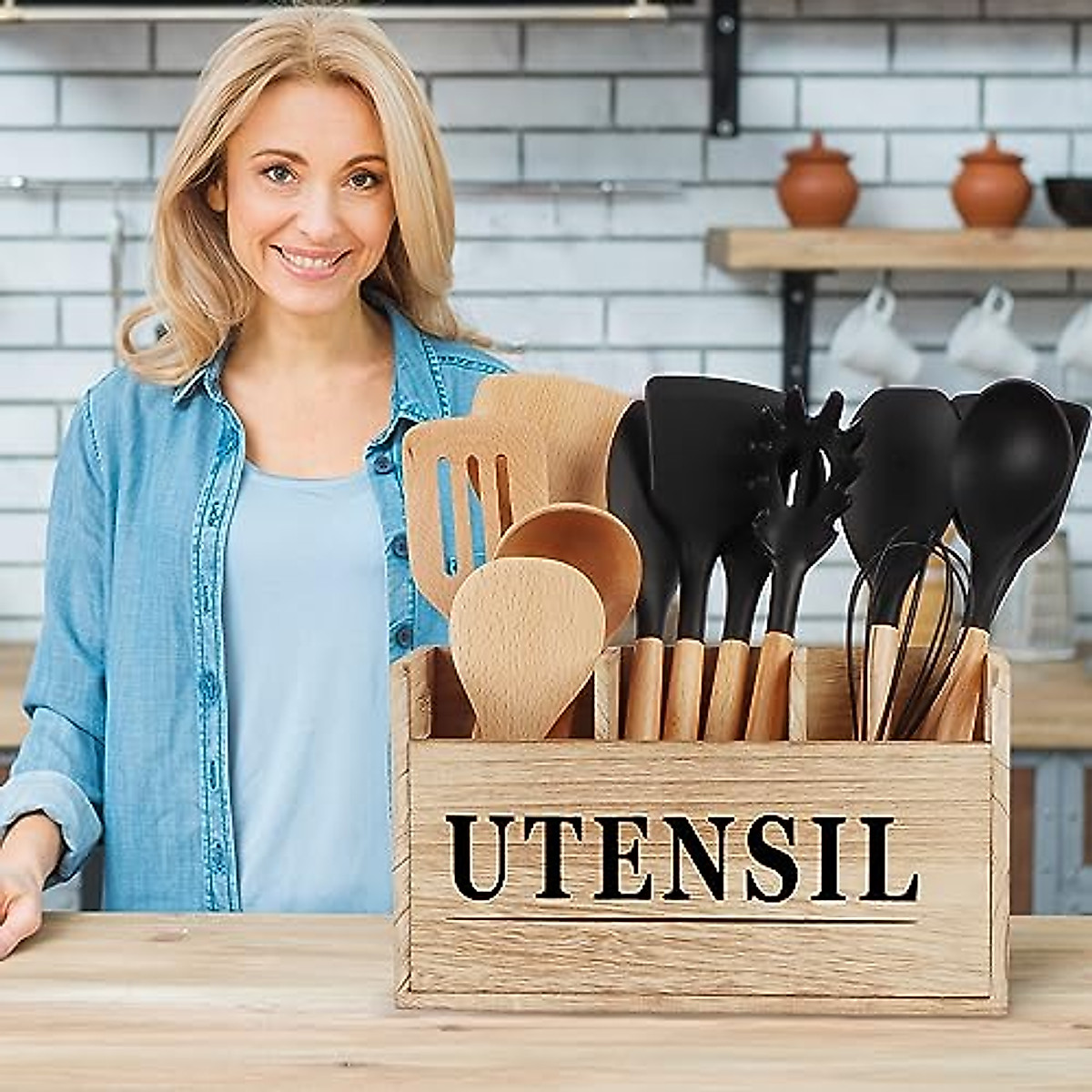 Large Rustic Kitchen Utensil Holder for Countertop, Farmhouse Wooden Utensil Holder for Kitchen Counter, 3 Compartment Rustic Cooking Utensil Holder, Kitchen Utensil Organizer Caddy for Home Decor