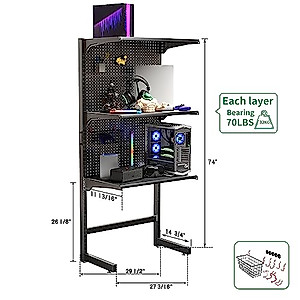 JWX DDB Gaming Standing Shelf Units, 30‘’ Home Office cabinets with Metal Pegboard and 15 Pieces Organizer Tool Holders