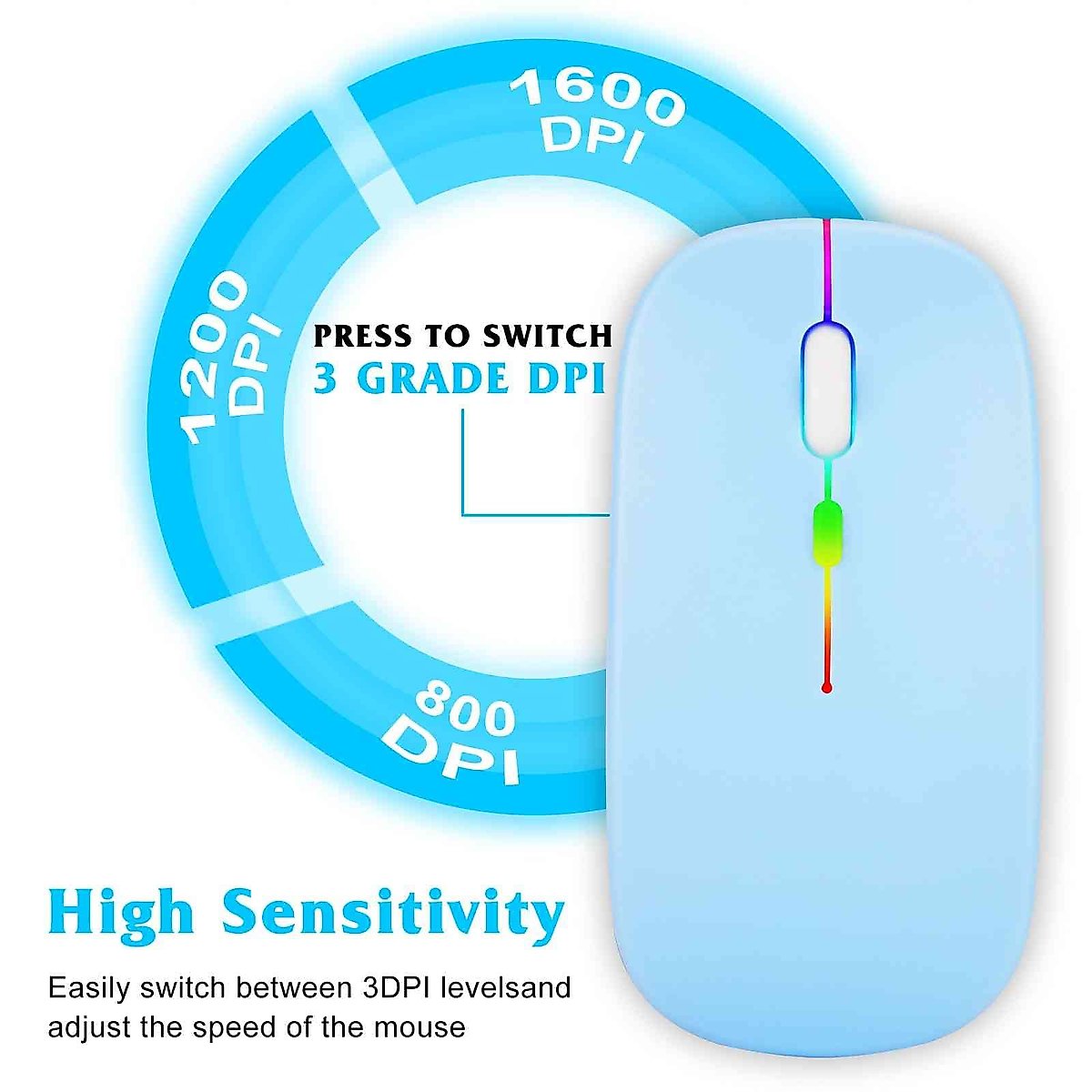 UrbanX 2.4GHz & Bluetooth Mouse, Rechargeable Wireless Mouse for Huawei P Smart Z Bluetooth Wireless Mouse for Laptop/PC/Mac/Computer/Tablet/Android RGB LED Sky Blue