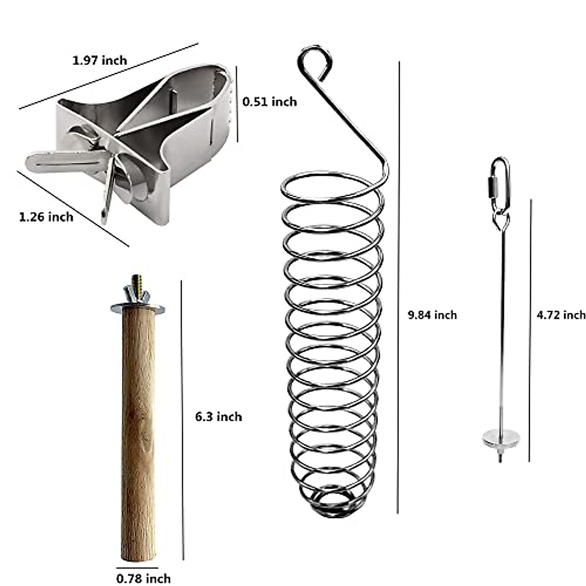 alfyng 5 PCS Bird Food Holder Set, 2pc Parrot Hanging Cage Vegetable Fruit Feeder and Clips, 1pc Bird Stand Perch, Stainless Steel Bird Treat Skewer Parrot Foraging Toy, Animal Feeding Treating Tool