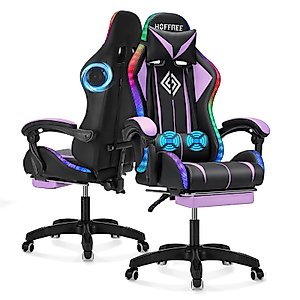 Gaming Chair with Bluetooth Speakers and LED RGB Lights Ergonomic Massage Computer Gaming Chair with Footrest High Back Music Video Game Chair with Lumbar Support Purple and Black