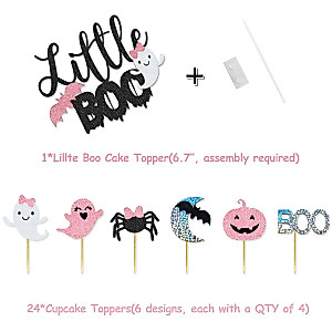 92 Pcs Little Boo Party kit Little Boo Banner Cake Topper Boo Skeleton Bat Mylar Balloons for Pink Black Girl Halloween Baby Shower the Spooky One Halloween 1st Birthday Party Decorations
