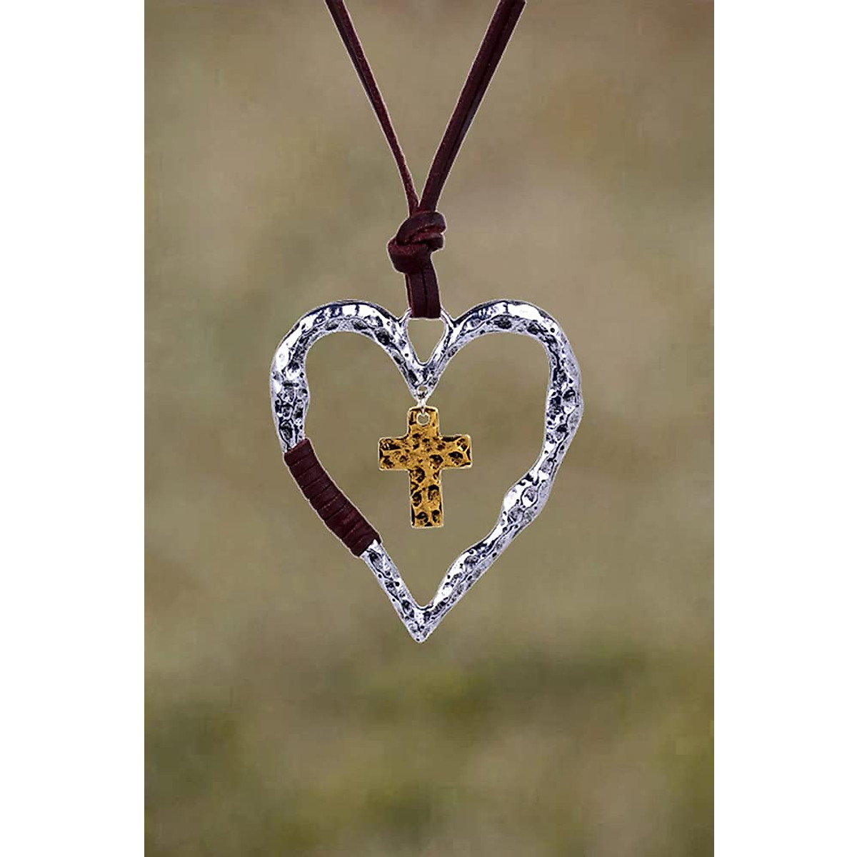 MEIDIJINGBEI Vintage silver heart pendant necklace leather pendant necklace for women (Leather heart pendant)