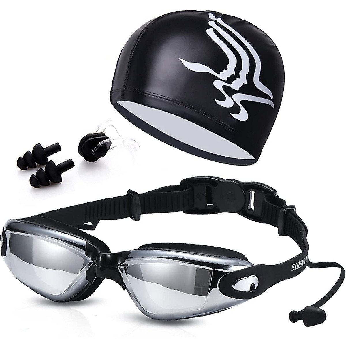 4 in 1 Swimming Kit | Goggles - Cap - Earplugs - Nose clip | Comfortable Adjustable Anti Fog UV Protected lenses | For Adults or Kids Men or Women | No Leaking | Swim Pool Sea Gift Pack | Black