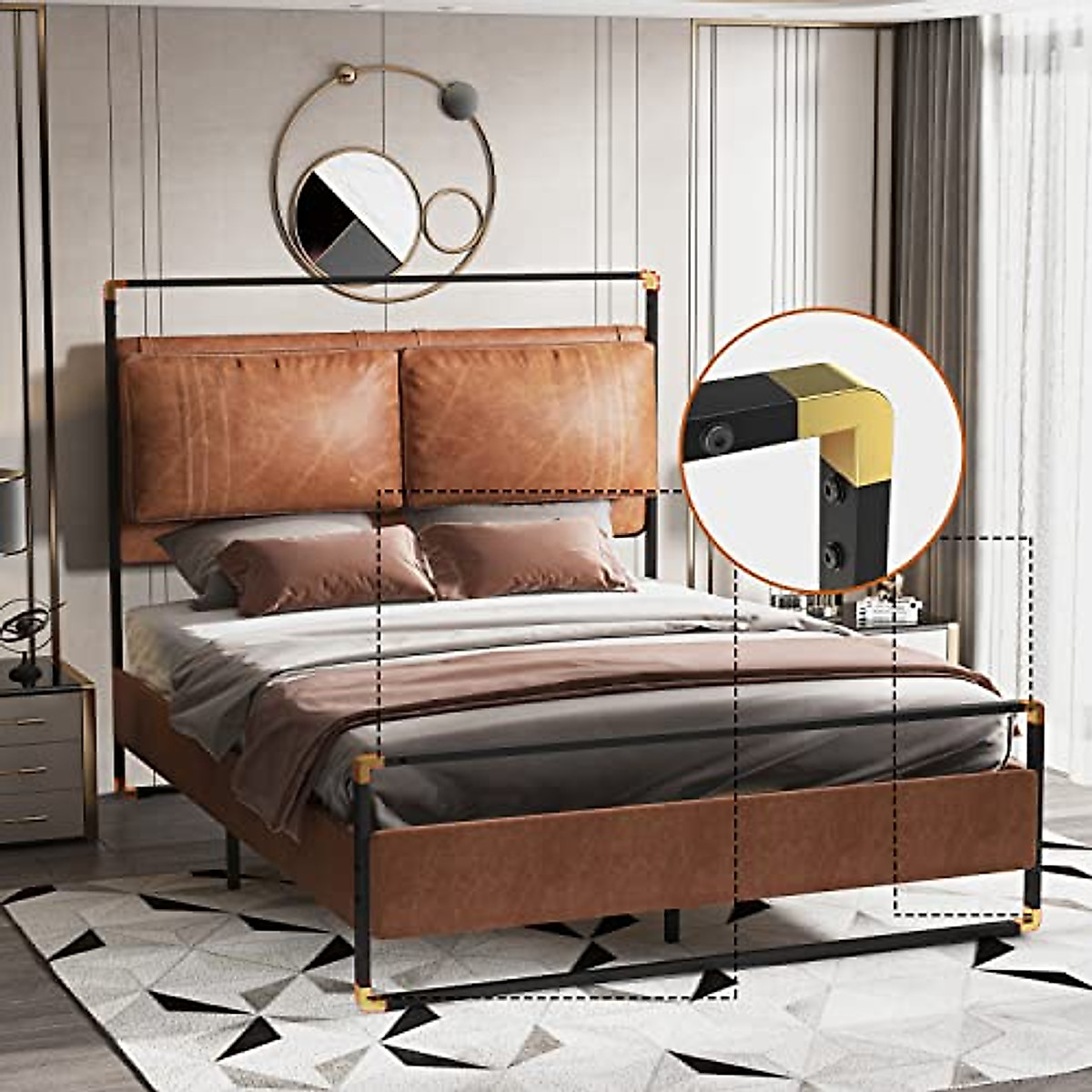 SAMTRA Queen Size Platform Bed Frame Upholstered Faux Leather Bed with Wooden Slat Support, No Box Spring Needed, Sturdy and Noise-Free, Brown