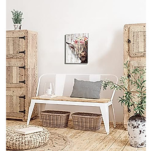 Cute Highland Cow Country Farmhouse Canvas Printing Rustic Bedroom Decor Retro Cow With Garland Wall Art Funny Home Artwork Print Used in Bathroom Office Kitchen Dining Room Decoration Size 12x16 inch