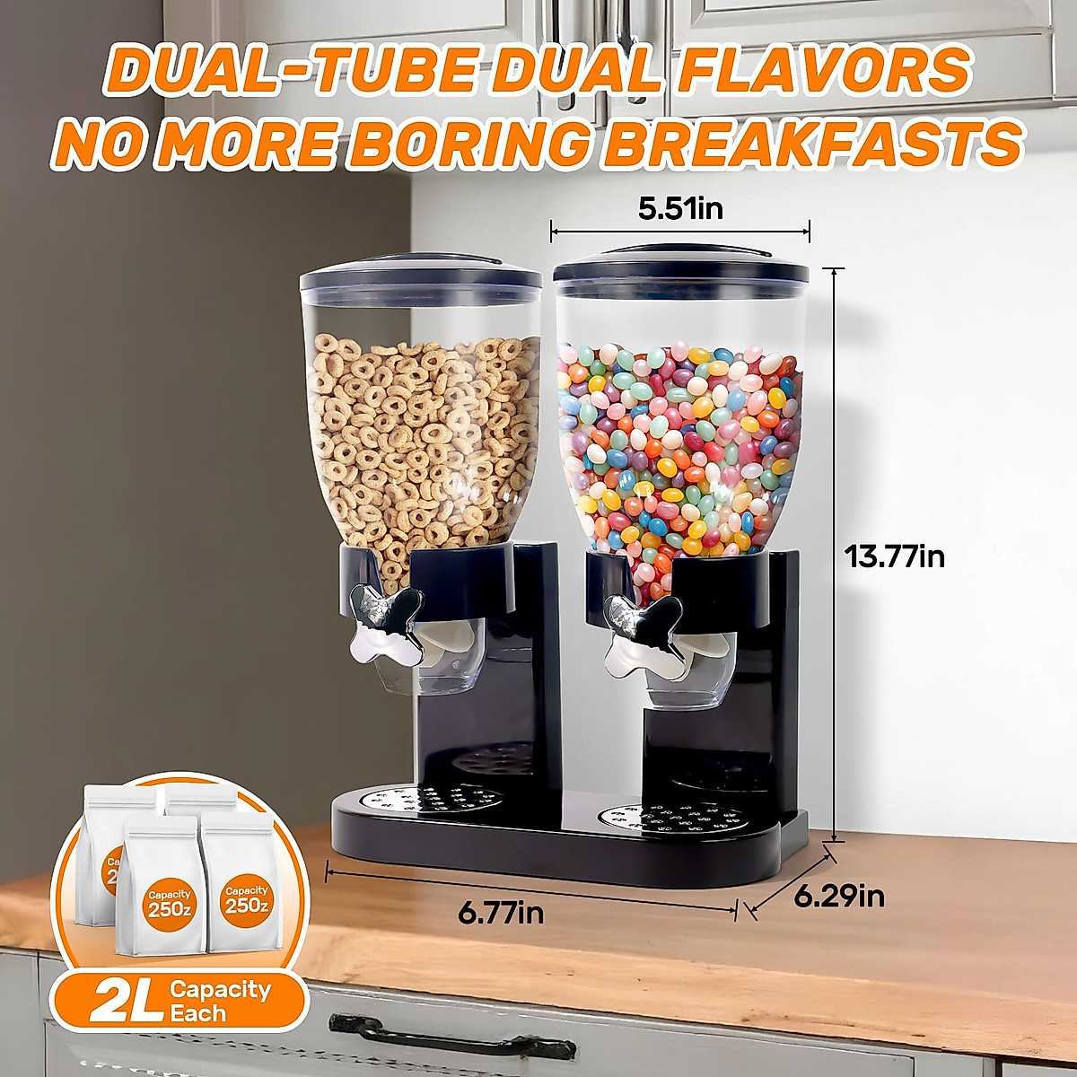 Meegoo Cereal Dispenser Countertop, 2 Pack 2L Large Capacity Cereal Container Airtight, Rotating Dry Food Dispenser for Small Size Nut, Candy, Beans, Rice, Pantry Kitchen Organizer to Keep Tidy.