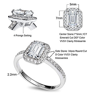 Moissanite Engagement Rings for Women Sterling Silver Solitaire Halo Lab Created Diamond Ring 1 Carat Emerald Cut White Gold Promise Ring for Her Size 7