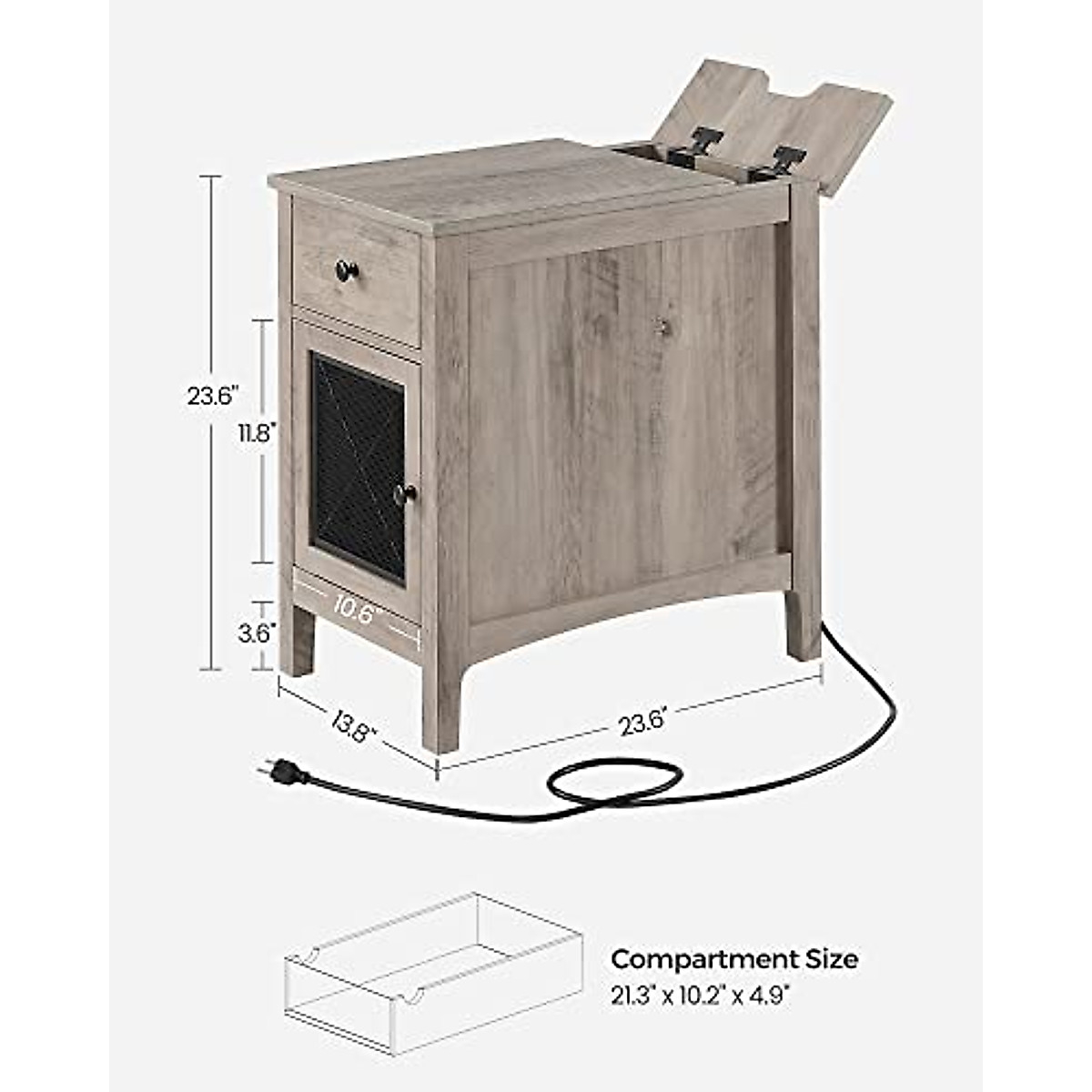 VASAGLE Side Table with Storage, End Table with USB Ports and Outlets, Nightstand with Charging Station, Drawer, Storage Cabinet, Magazine Rack, for Living Room, Bedroom, Greige