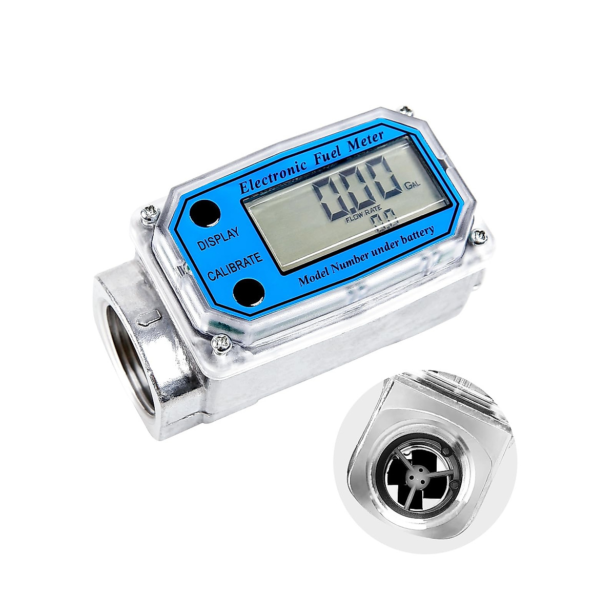 Watflow 1“NPT Turbine Flow Meter with Digital LCD Display for Measuring Diesel Kerosene Gasoline by Gallon, Aluminum Stainless Steel, Blue, 5-50GPM