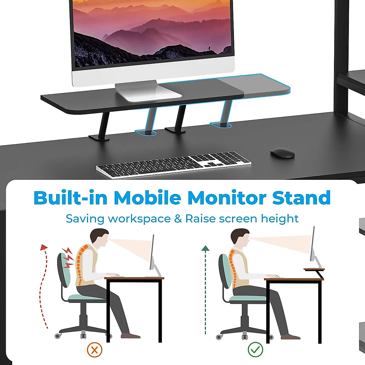 GreenForest Computer Desk with Storage Printer Shelf,67 inch Reversible Home Office Desk Large Study Writing Table with Movable Monitor Stand and 2 Headphone Hooks for PC Gaming Working, Black