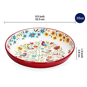 Bico Red Spring Birds Ceramic 35oz Dinner Bowls, Set of 4, for Pasta, Salad, Cereal, Soup & Microwave & Dishwasher Safe