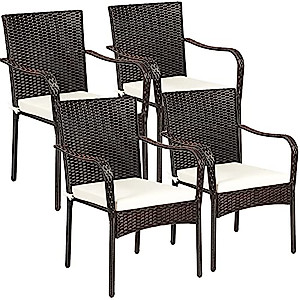 Tangkula Set of 4 Patio Dining Chairs, All Weather Stackable Rattan Chairs with Removable Cushions and Armrests, Outdoor Bistro Wicker Dining Chair Set for Balcony Poolside Backyard (Brown)