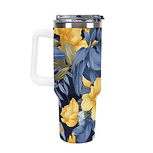 LLUTSNTH 40 Oz Vacuum Tumbler with White Handle Leakproof Insulated Tumbler Blue Base Yellow Floral Stainless Steel Travel Mug with Lid And Straw Coffee Cup Cute Water Bottles Cup Holder Friendly