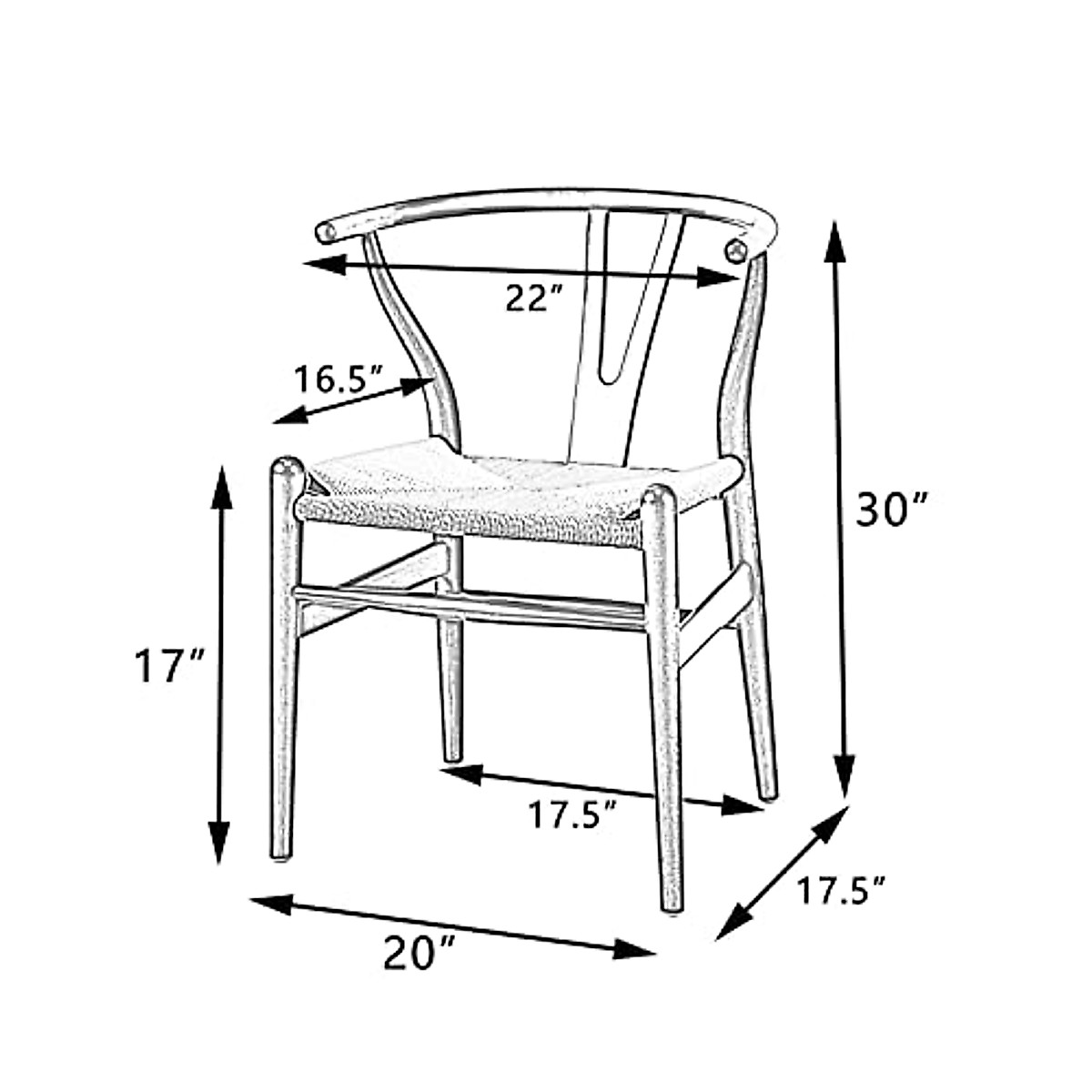 Polynices Wishbone Chair, Weave Modern Solid Wood Mid-Century Y Shaped Backrest Dining Chair Set of 2 (Chestnut)