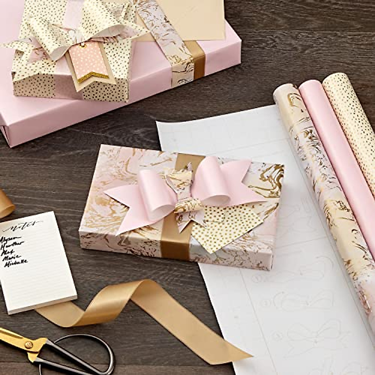 Hallmark Pastel Wrapping Paper Bundle with Cutlines on Reverse (6 Rolls: 130 Square Feet Total) Pink, Gold, Blue for Birthdays, Weddings, Bridal Showers, Baby Showers and More