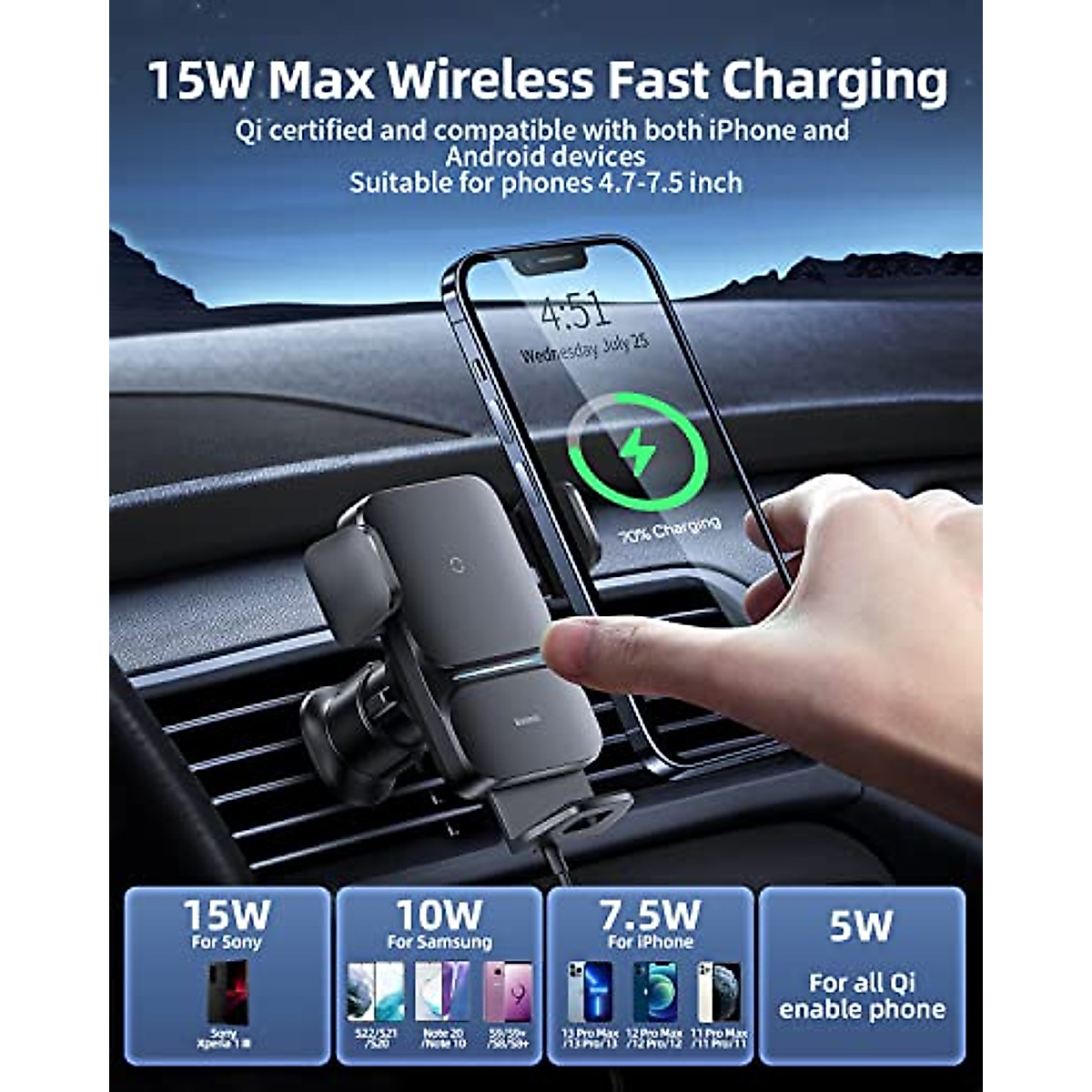 Wireless Car Charger, Baseus 15W Qi Smart Car Wireless Charger Phone Mount, Auto-Clamping Air Vent Car Charger Phone Holder Compatible with iPhone 14/13/12 Pro Max, Samsung S22/S21/S20 Ultra/S9/S8, LG