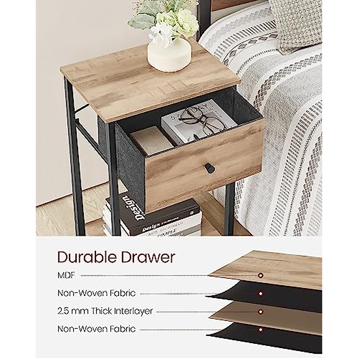 VASAGLE Nightstand, Side Fabric Drawer, 24-Inch Tall End Table with Storage Shelf, Bedroom, Toasted Oak