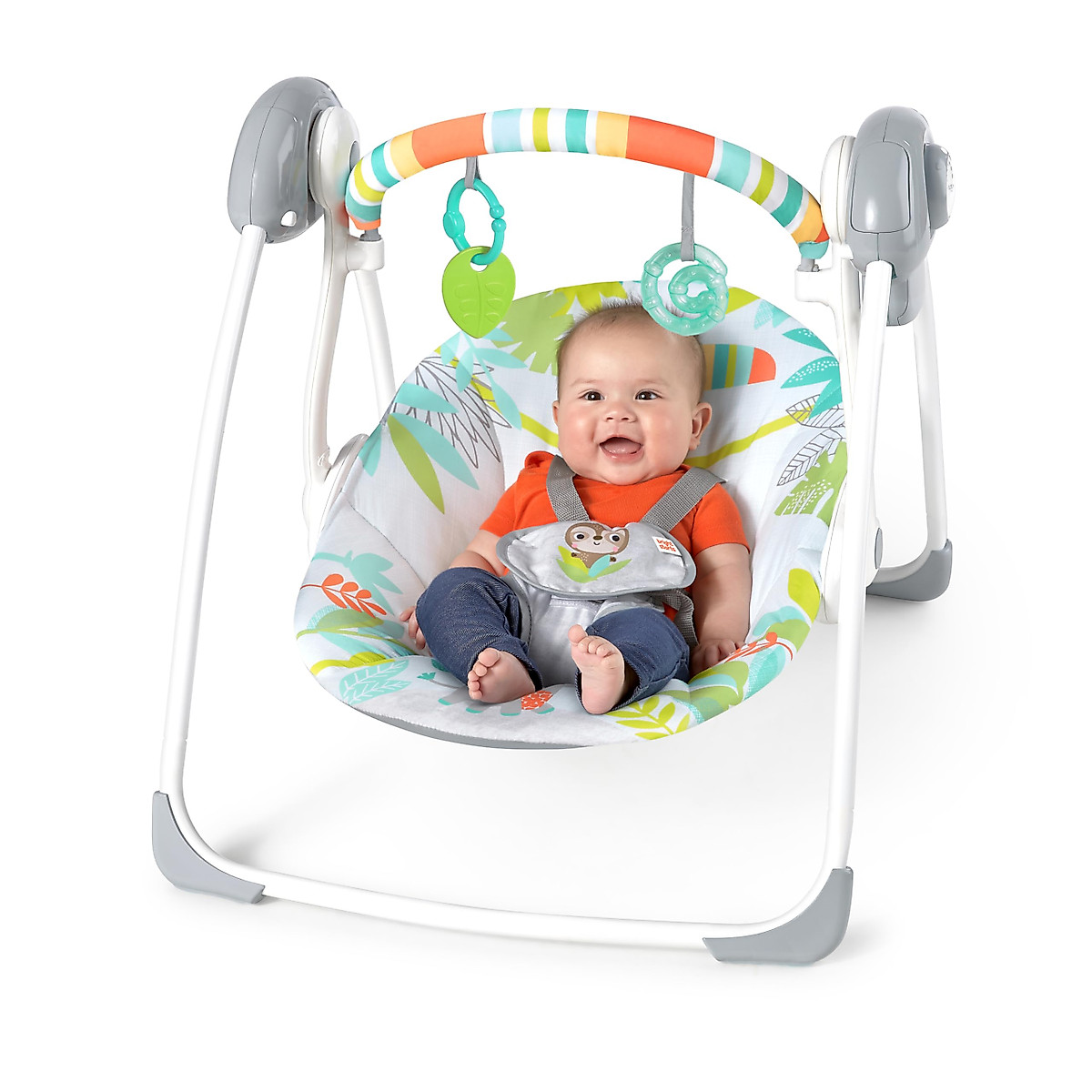Bright Starts Portable Automatic 6-Speed Baby Swing with Removable -Toy Bar, 0-9 Months 6-20 lbs (Rainforest Vibes)