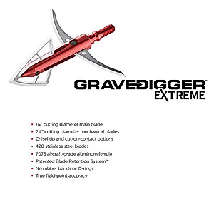 BLOODSPORT Gravedigger Extreme 4-Blade Hunting Hybrid Mechanical Broadhead with Cut-on-Contact Tip - 100 Grains | 2.25" Cutting Diameter | 3 Pack