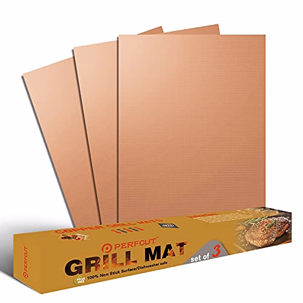 PERFCUT Copper Grill Mat 100% Non-Stick BBQ Grill & Baking Mats,Heavy Duty,Reusable and Easy to Clean for Electric Grill Gas Charcoal BBQ-15.75 x 13 Inch Set of 3-Golden