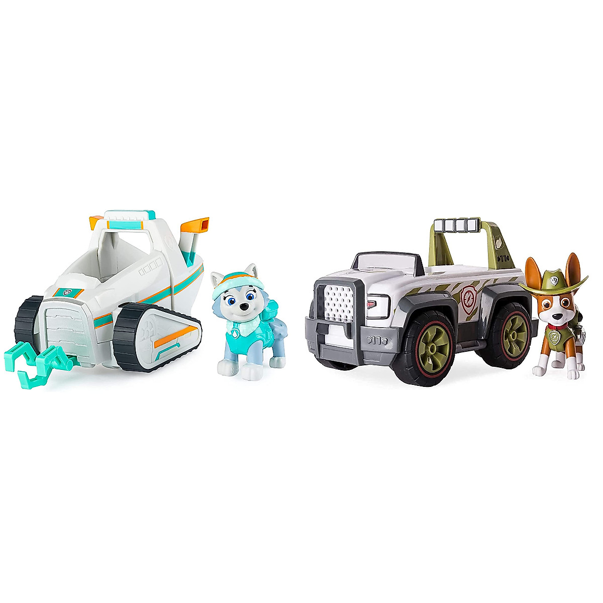 Paw Patrol Everest’s Snow Plow & Paw Patrol Jungle Rescue, Tracker’s Jungle Cruiser, Vehicle & Figure Bundle