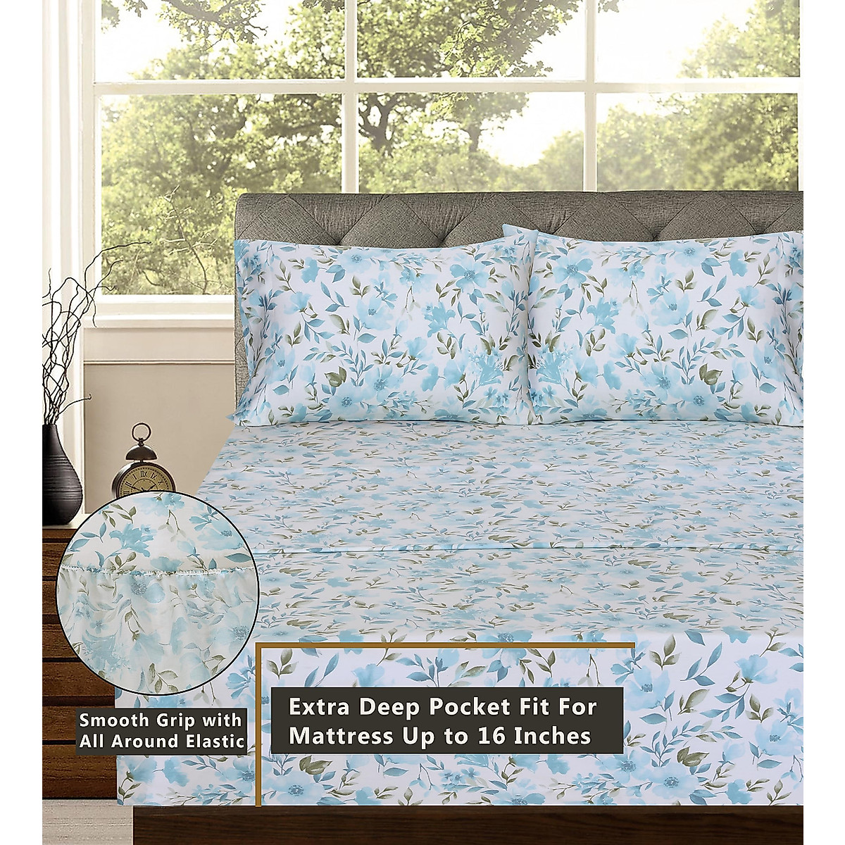 RUVANTI 100% Cotton Sheets for Queen Size Bed - Cooling Sateen Sheets - Breathable & Durable Queen Sheet Set - 16 Inches Deep Pocket Queen Size Sheets - Erica Floral - 4 Pieces