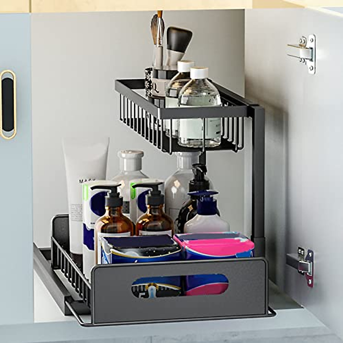 Miskall Under Sink Organizer L Shape 2 Tier Slide Out Sink Shelf for Under Kitchen Bathroom Sink Organizers and Storage Cabinet Organizer Black