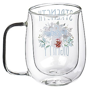 Christian Art Gifts Double Wall Insulated Clear Glass Coffee and Tea Mug for Women: Strength and Dignity - Proverbs 31:25 Inspirational Bible Verse, Hot and Cold Beverage with Handle, Pink, 10 oz.