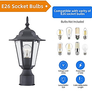 WISBEAM Outdoor Post Light, Pole Lantern, E26 Base 60W Max, Aluminum Housing Plus Glass, Wet Location Rated, ETL Qualified, Bulbs not Included, Black