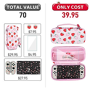 FANPL Cute Carry Case Bundle for Nintendo Switch OLED 2021, Cover Accessories Set with Pink Strawberry Travel Bag, Glitter Strawberry PC Shell, Adjustable Shoulder Strap, Thumb Grips, Screen Protector