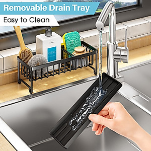 Sponge Holder for Kitchen Sink, Sink Caddy, Rustproof 304 Stainless Steel Dish Sponge Organizer with Divider, Sponge Holder for Kitchen Sink Counter, Soap Brush Holder Kitchen Sink Accessories Black