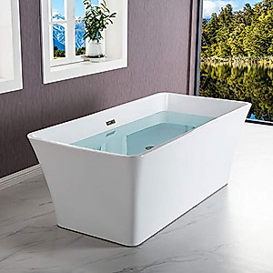 WOODBRIDGE 59" Freestanding Acylic Soaking Bathtub with White, Drain and Overflow inBrushed, BTA1509-B/N-Drain &O + Pillow, with Brushed Nickel Drian