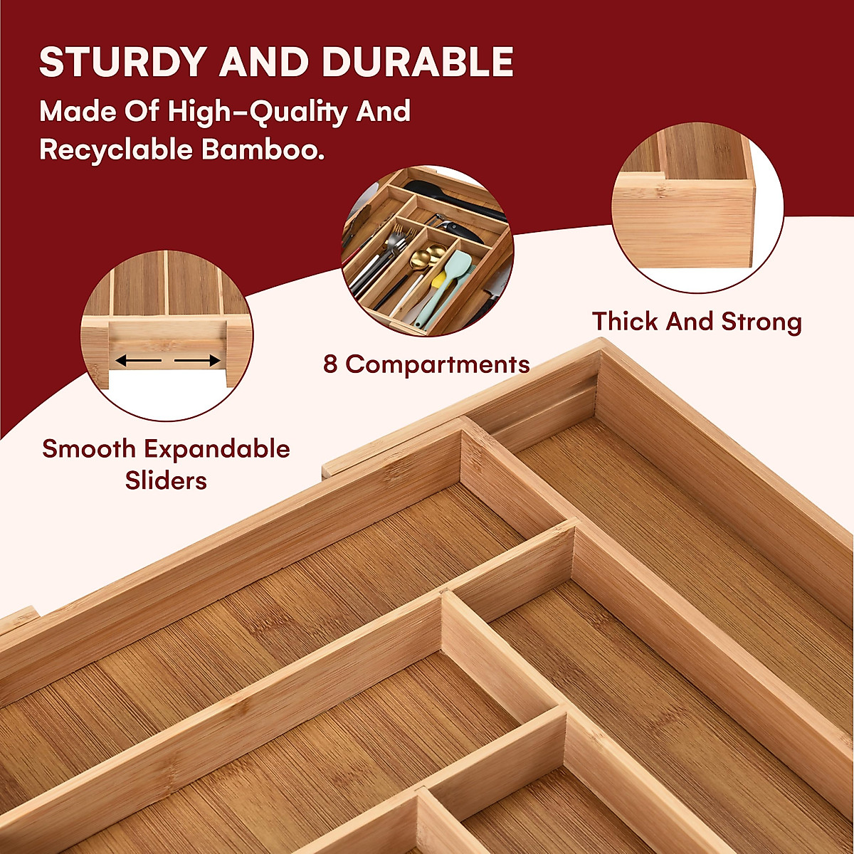 KITCHTIC Expandable Bamboo Drawer Organizer for Utensils, Cutlery, Silverware, Flatware, Knives for Kitchen - Wooden Cabinet Drawers Dividers for Spoon, Fork, Knife - Adjustable to any Size