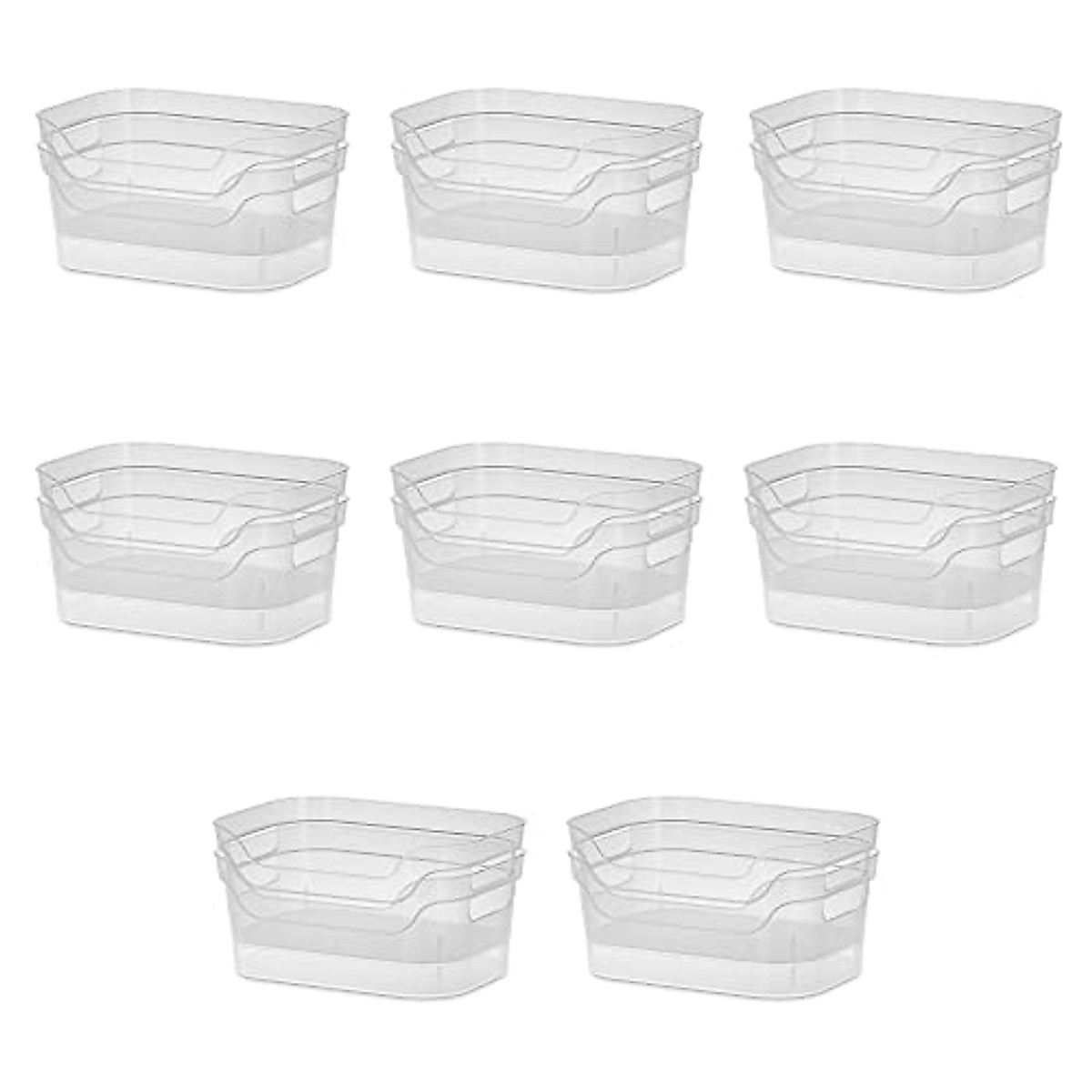 Sterilite 9.5 x 6.5 x 4 Inch Small Open Scoop Front Clear Storage Bin with Comfortable Carry Through Handles for Household Organization (16 Pack)