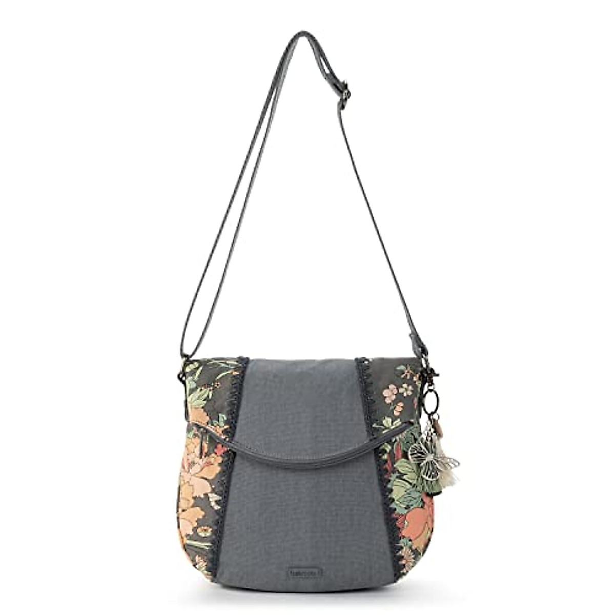 Sakroots Foldover Crossbody Bag in Cotton Canvas, Multifunctional Purse with Adjustable Strap & Zipper Pockets, Charcoal Flower Power