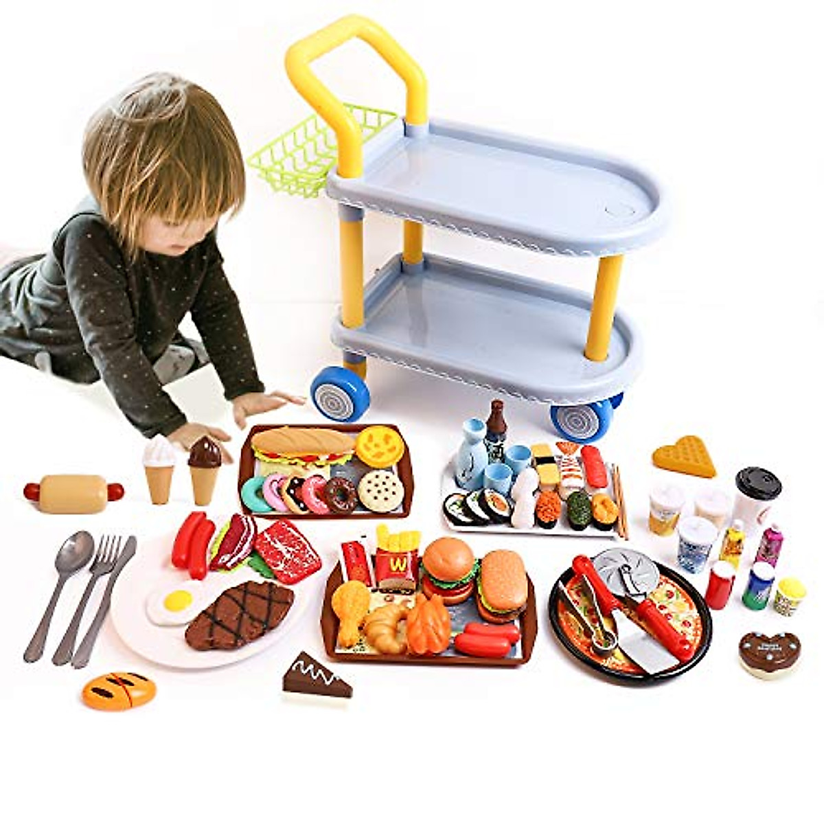 Kids Food cart Toy Sets,Kids Role Play Large Dining car Toys and 98pcs Food, Kitchen, Tableware Accessories., Educational Toys for 3+ Years Boys/Gir