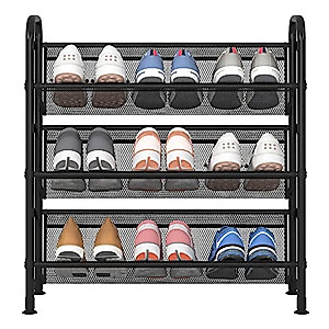 FKUO 3 Tier Shoe rack for closet Mesh fabric narrow Metal shoe racks, Small Shoe Storage Organizer Shelf for Entryway, Hallway, Dorm Room (Black, 3 Tier)
