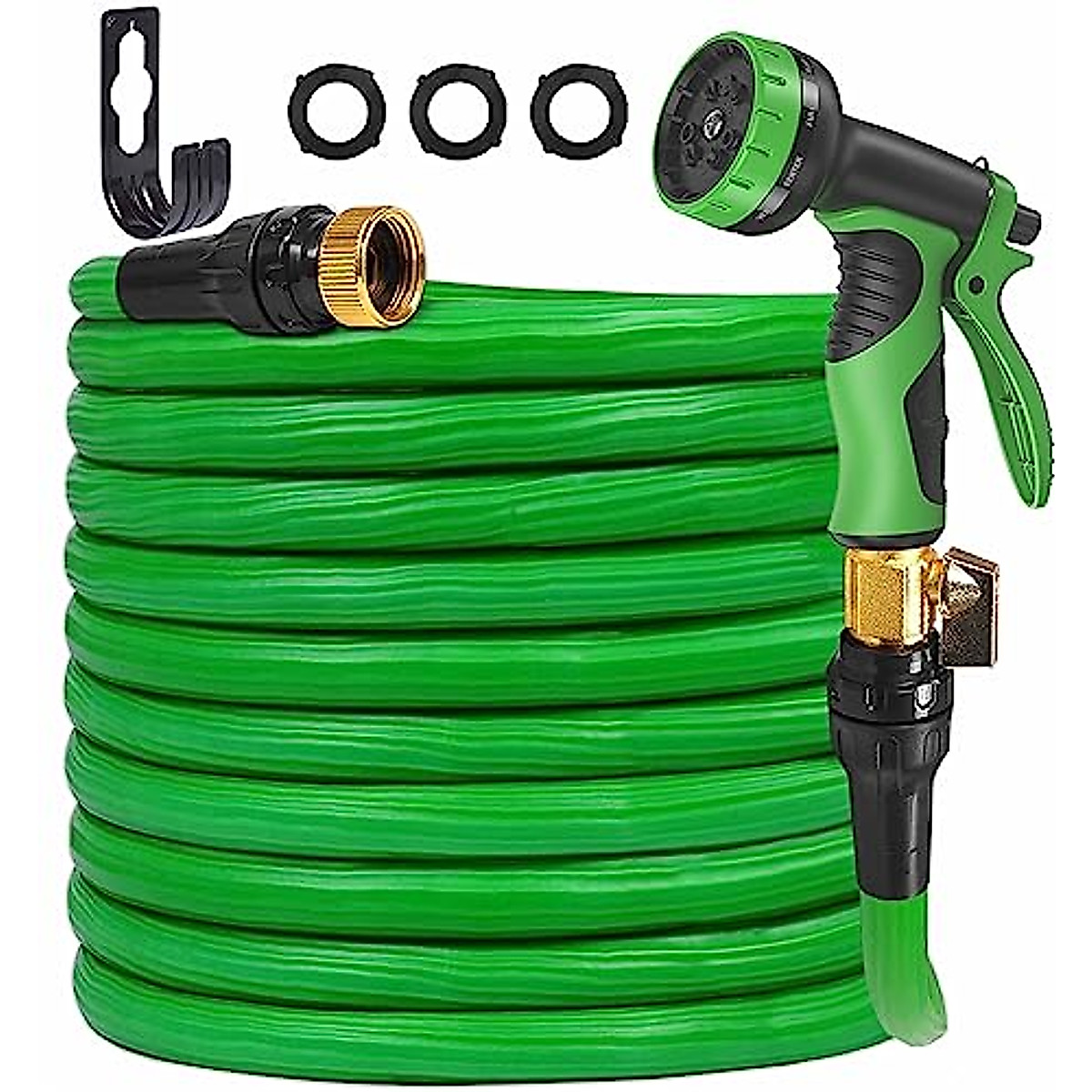 Expandable Garden Hose 100 ft Water Hose with 3 Layer Latex Core, 3/4" Solid Brass Fittings, 10 Function Spray Nozzle, flexible garden hose for Watering and Cleaning, Green