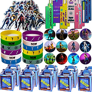 Gaming Party Supplies Set - 72 Pack Video Game Birthday Party favors set, 12 Gaming Themed Gift Boxes, 12 Bookmarks, 12 Badges, 12 Bracelets & 24 Gamer Stickers Decoration