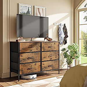 WLIVE Wide Dresser with 6 Drawers, TV Stand for 50" TV, Entertainment Center with Metal Frame, Wooden Top, Fabric Storage Dresser for Bedroom, Hallway, Entryway, Rustic Brown Wood Grain Print