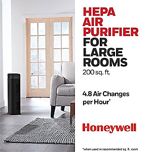 Honeywell AllergenPlus Series Compact HEPA Air Purifier Tower, Allergen Reducer for Large Rooms (200 sq ft), Black - Wildfire/Smoke, Pollen, Pollen, Pet Dander & Dust Air Purifier, HPA175