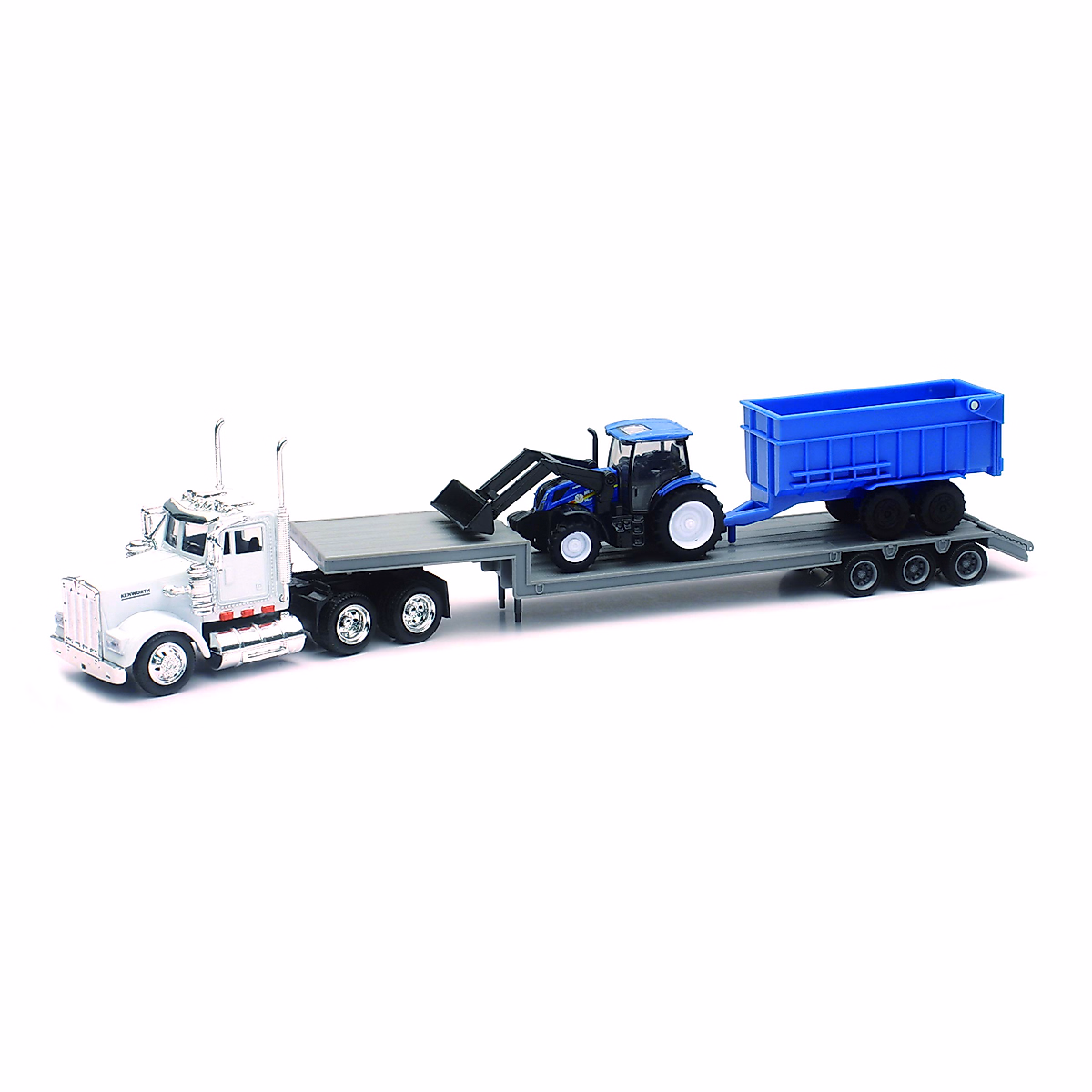 New-Ray Kenworth Lowboy Trailer with New Holland Construction Tractor Play Set