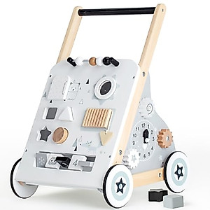 Wooden Baby Walker, Toddler Push and Pull Learning Activity Walker for Boys and Girls, Montessori Toys for 1+ Year Old, Kids Multi-Activity Learning Walker with Wheels