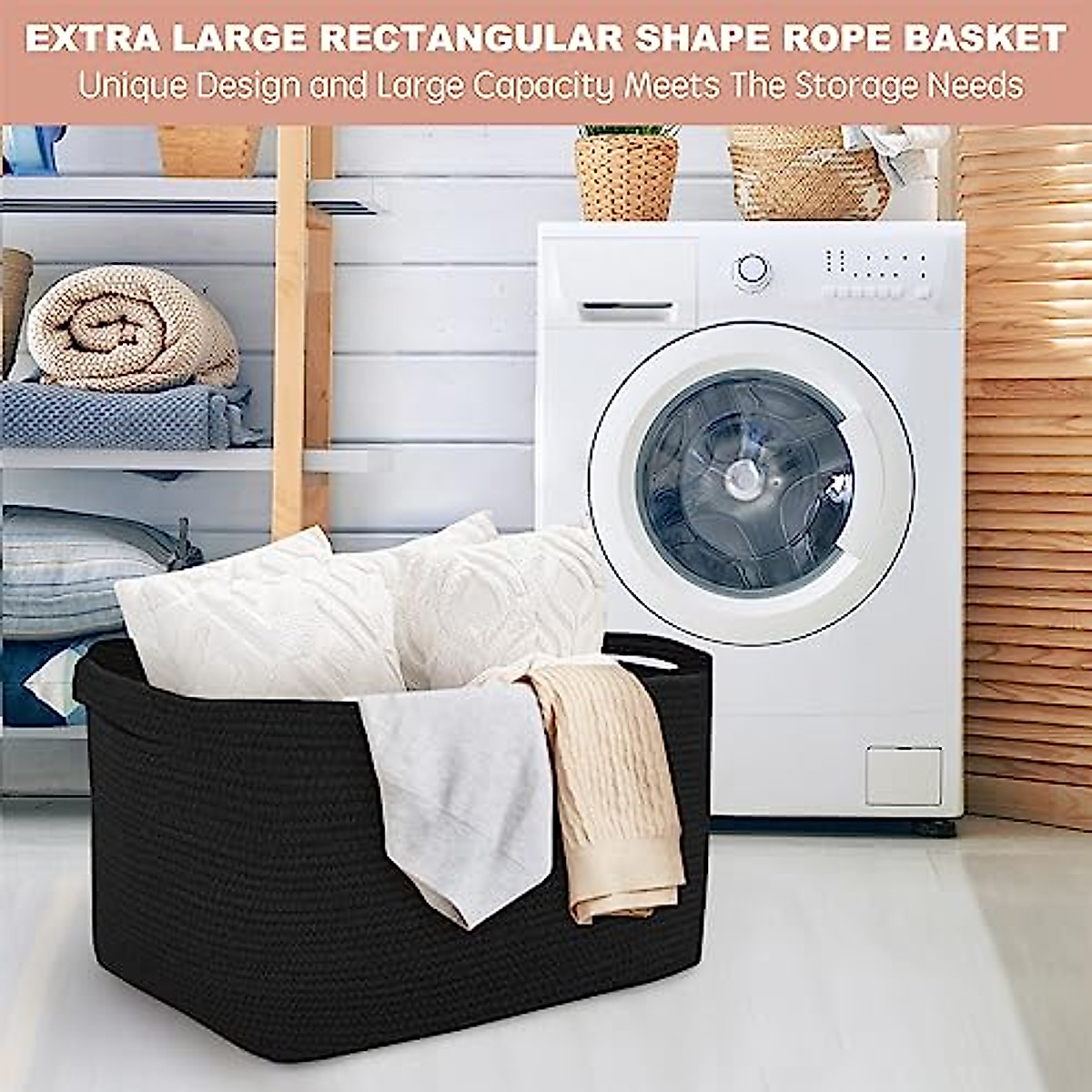 MEGASKET Extra Large Rectangle Storage Basket, 23.6" x 15.7" x 14.1" Black Blanket Basket Storage for Living Room, Large Soft Woven Cotton Rope Basket, Kids Toy Baskets Organizer Bins, Wicker Basket