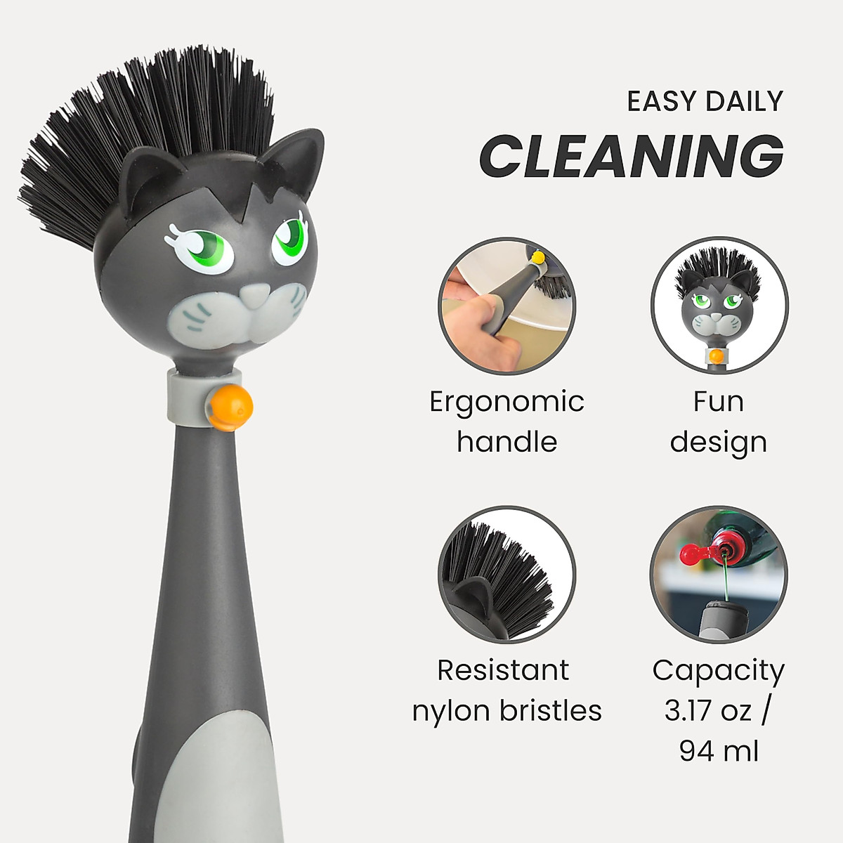 Vigar Felix Cat-Shaped Soap Dispensing Dish Brush, Dish Brush with Soap Dispenser for Pot Scrubber, Dishes, Sink, and Kitchen Essentials, Black, Gray