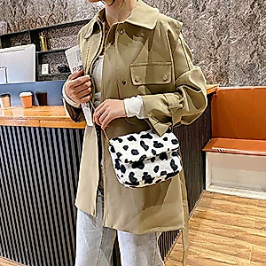 RARITYUS Women Fashion Leopard Print Shoulder Bag Fluffy Plush Handbag Cow Print Crossbody Purse Faux Fur with Chain Strap