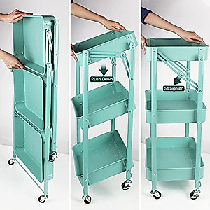 Todeco 3 Tier Foldable Plastic Rolling Storage Utility or Kitchen Cart ,Folding Mobile Trolley Storage Organizer with Wheels for Office Bathroom Bedroom,Free Assembly,Green