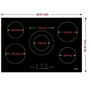 Electric Cooktop 30 Inch, IsEasy Ceramic Cooktop 5 Burners Electric Stove Top Built-in Countertop 8200W Electric Radiant Cooktop with 9 Heating Level, 220-240V, Hard Wire, No Plug