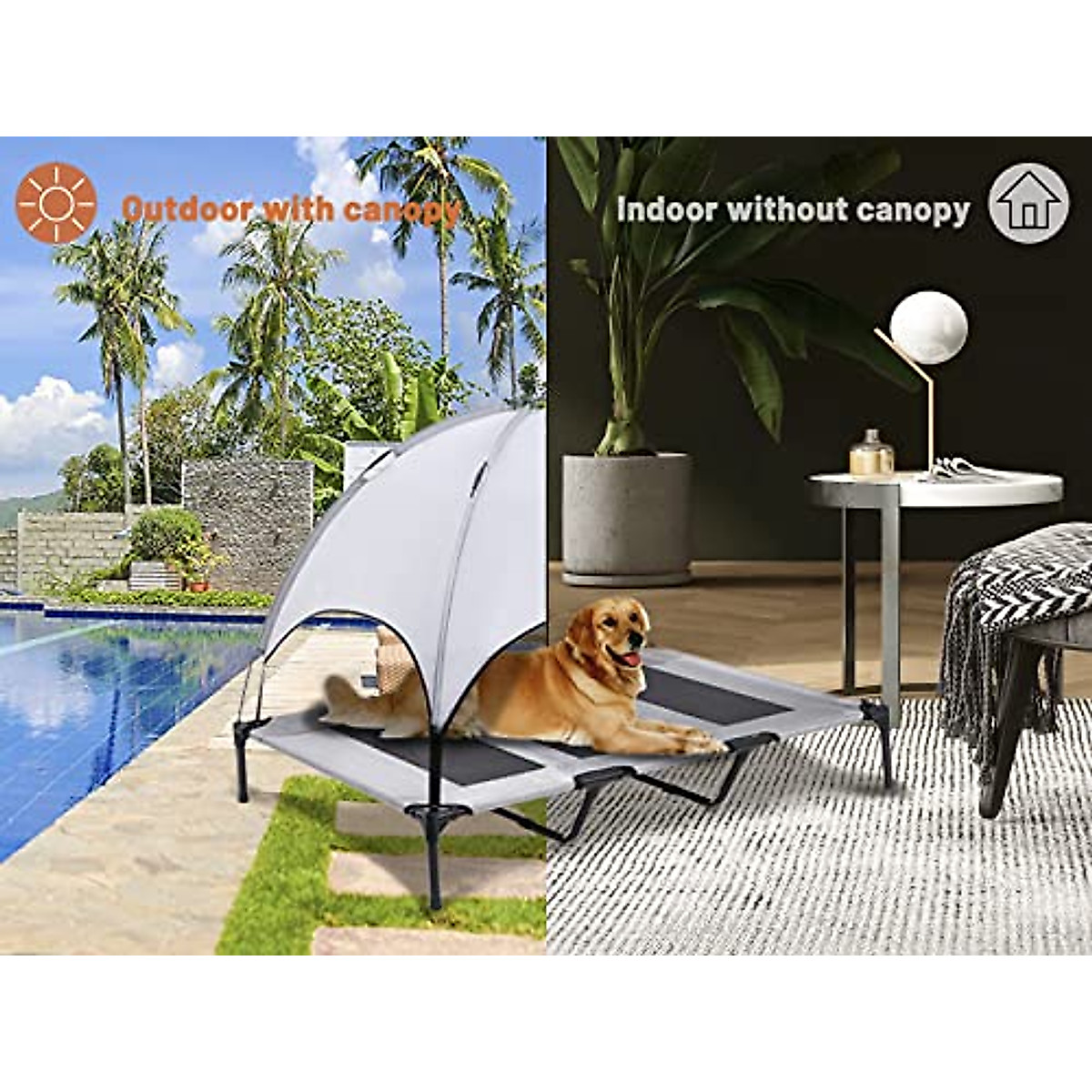 SUPERJARE XLarge Outdoor Dog Bed, Elevated Pet Cot with Canopy, Portable for Camping or Beach, Durable 1680D Oxford Fabric, Extra Carrying Bag - Silver Gray